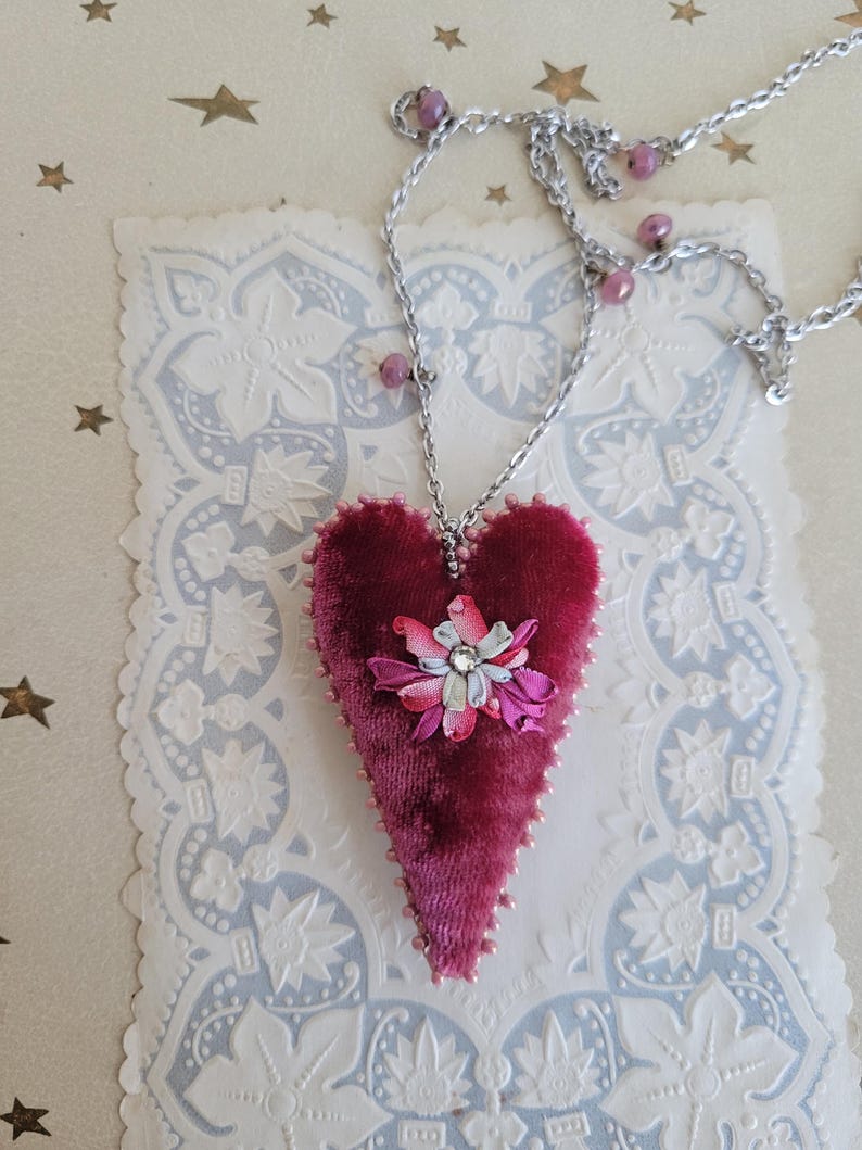Long Velvet Textile Heart Necklace on Chain - Beaded - Hand Stitched ...