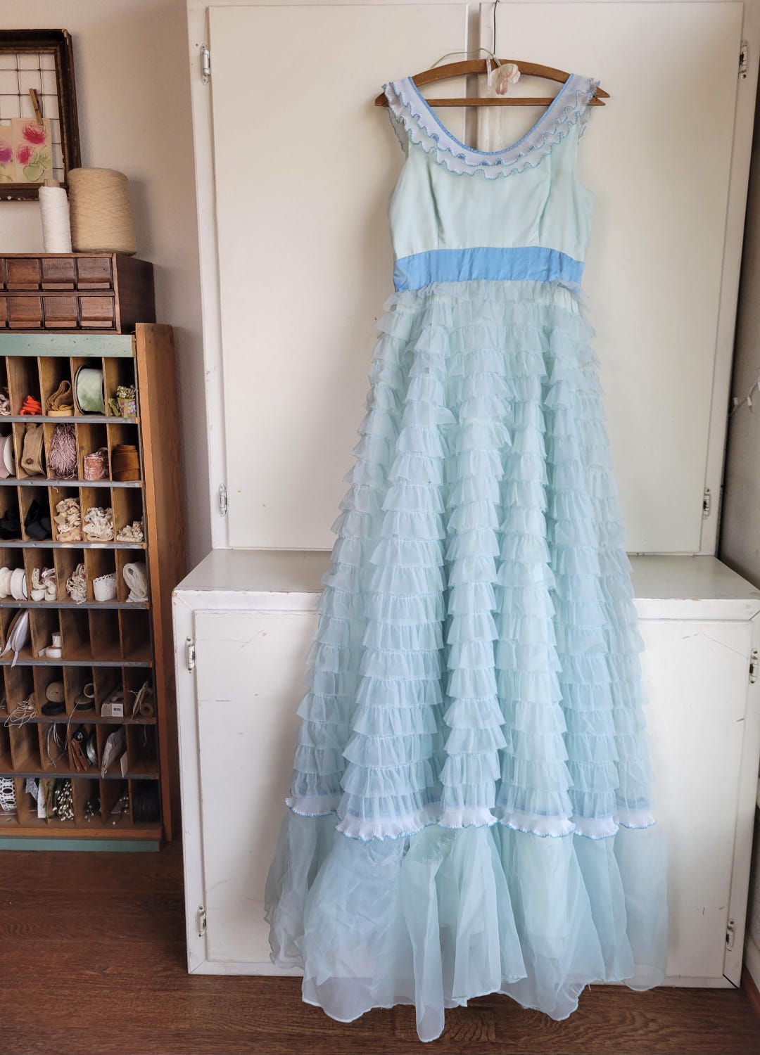 Vintage Long Light Blue Ruffle Dress - Vintage Prom Dress - Small ...