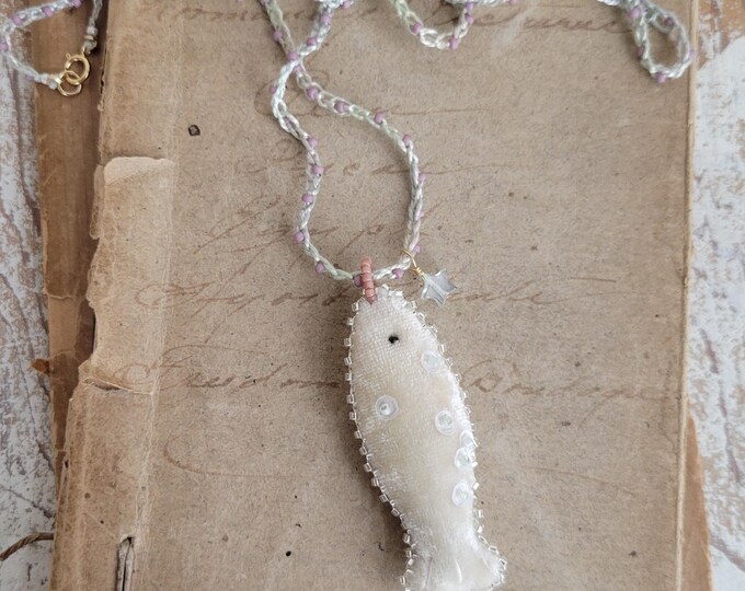 Long Boho Velvet Textile Fish Necklace Gold Fill Beaded Hand Stitched ...