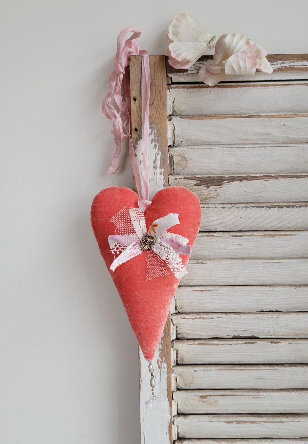 Hanging Velvet Heart Decoration - Vintage Tinsel - Textile Art ...