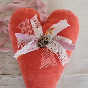 Hanging Velvet Heart Decoration - Vintage Tinsel - Textile Art ...