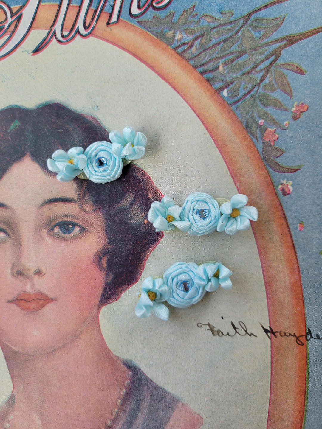 Vintage Ribbon Flower Appliques - Sky Blue - Set of 3 - Vintage Textile ...