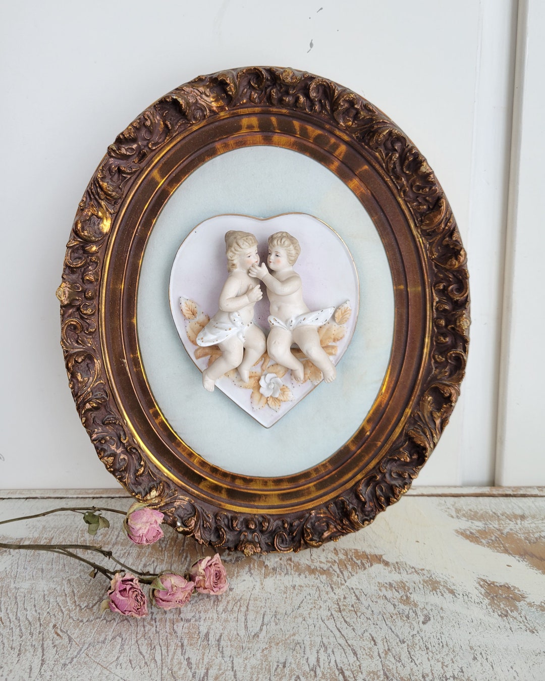 Antique Framed Kalk Porcelain Cherubs on Velvet - Heart - Antique ...