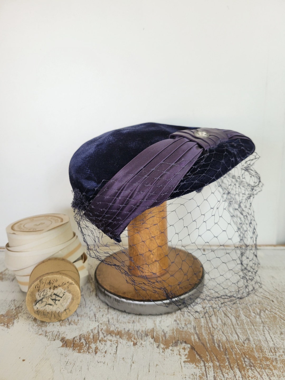 Vintage Capulet Dark Purple Velvet Half Hat Dark Plum Pleated Satin Bow ...