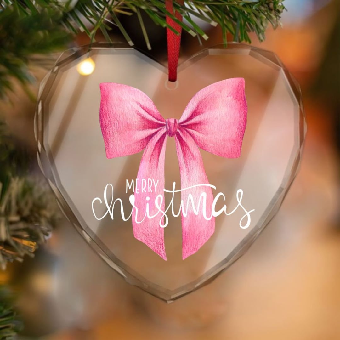 Crystal Glass Ornament Heart Shaped Merry Christmas Pink Ribbon Holiday ...