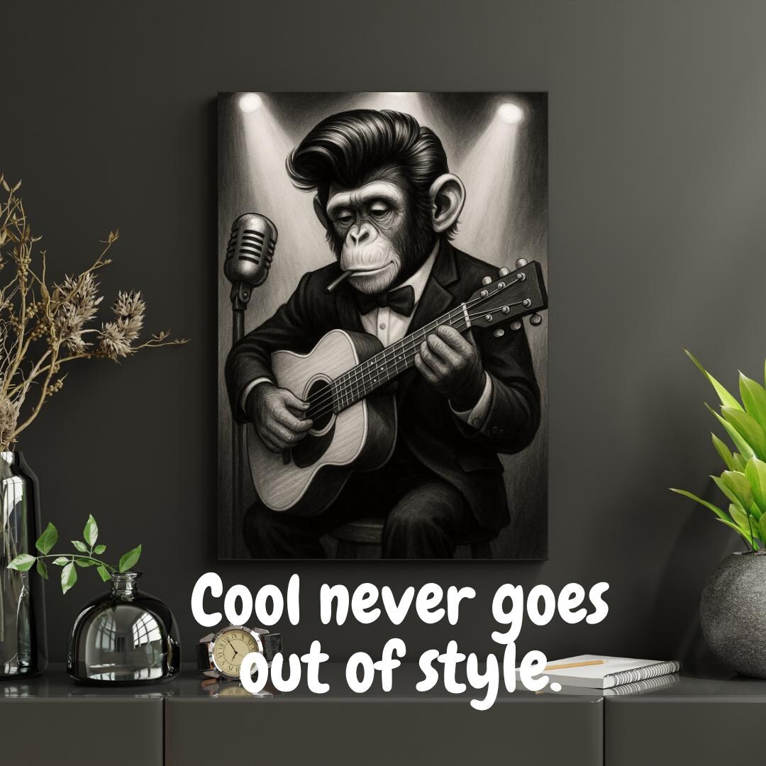 Retro Monkey Guitar Poster: Funny Rockabilly Animal Art (digital ...