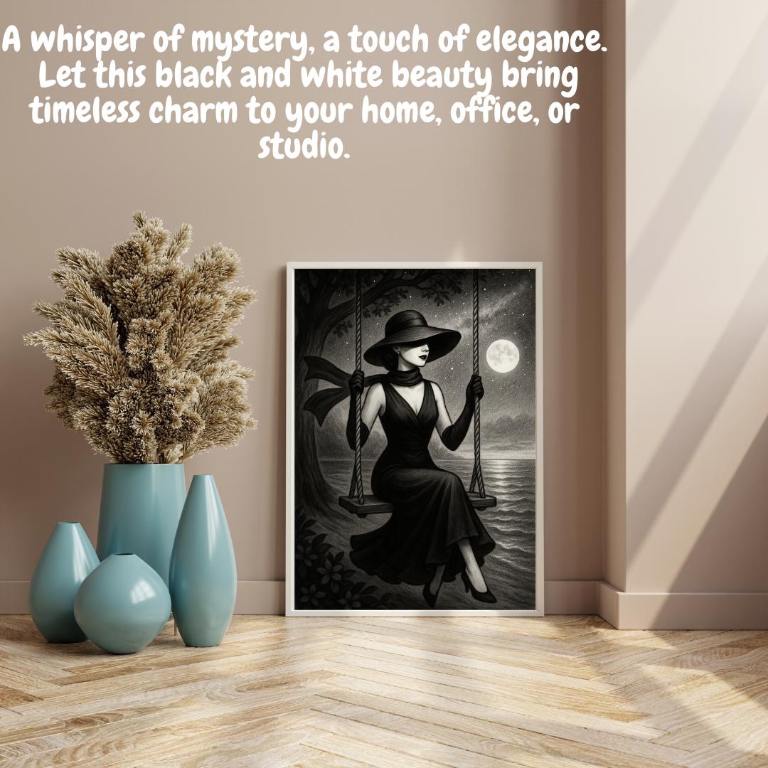Mystery Woman Under Moonlight - Black and White Wall Art , Elegant ...