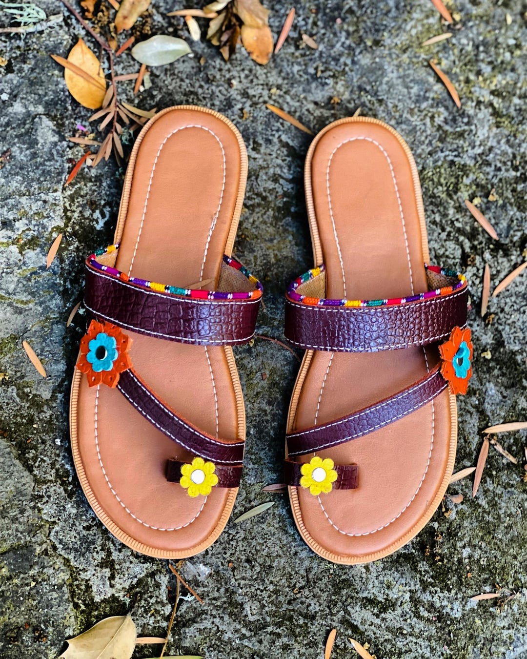Flower Huarache, Handmade Leather Sandals, Embellished Leather Slides ...