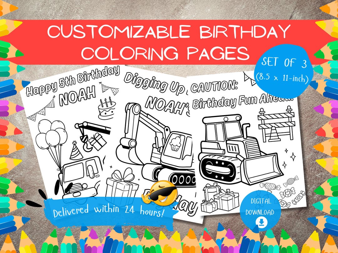 Customizable Construction Themed Birthday Coloring Pages for Kids, Set ...