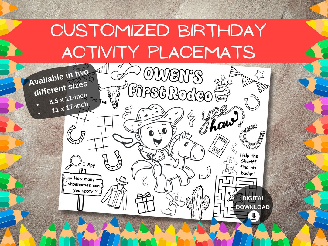 1st Birthday Rodeo Coloring Placemat, Cowboy Rodeo Activity Placemat ...