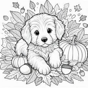 Adorable Puppy in Fall Coloring Page - Printable Autumn Dog Art for ...