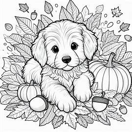 Adorable Puppy in Fall Coloring Page - Printable Autumn Dog Art for ...