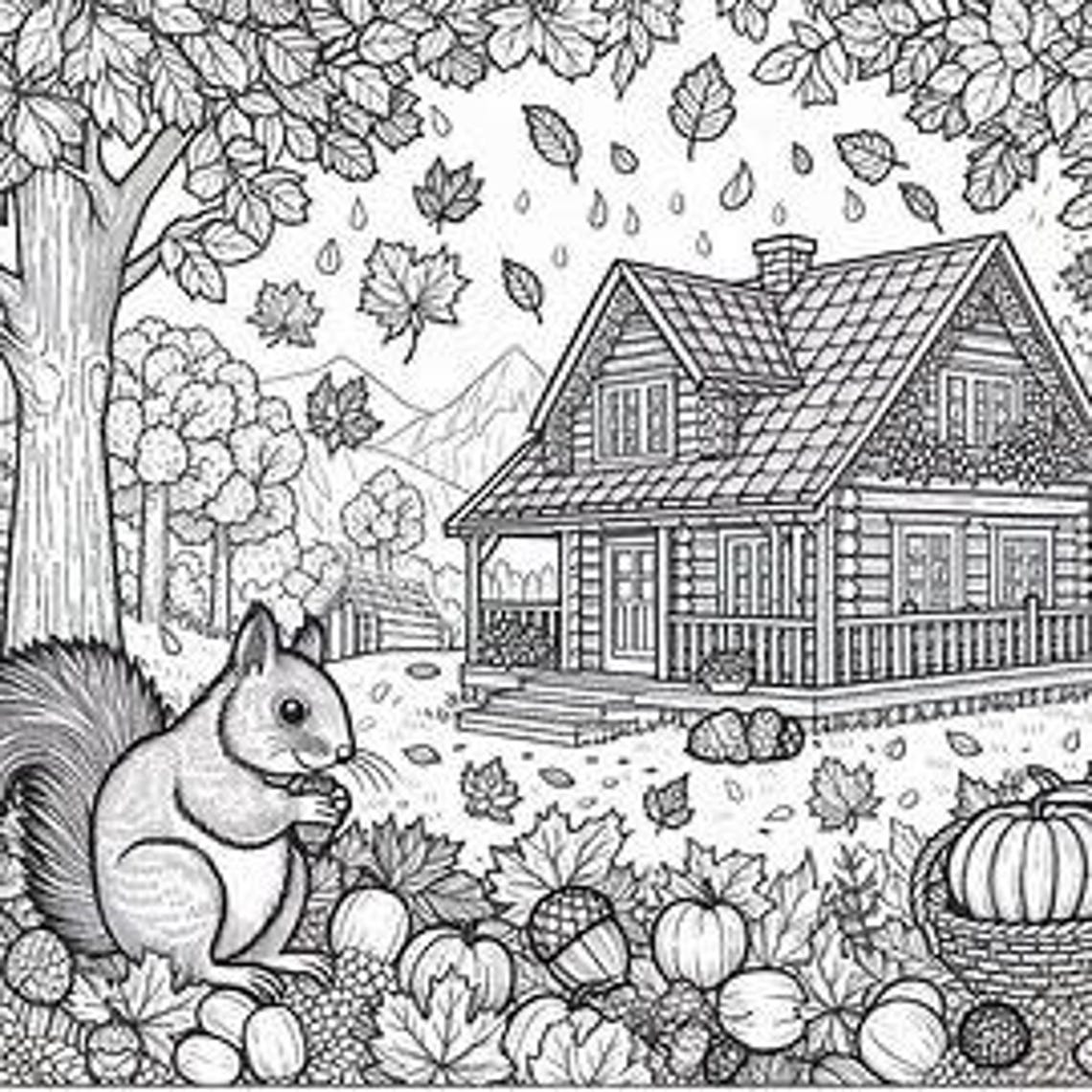 Stunning Fall Scene Coloring Page - Printable Autumn Landscape - Etsy