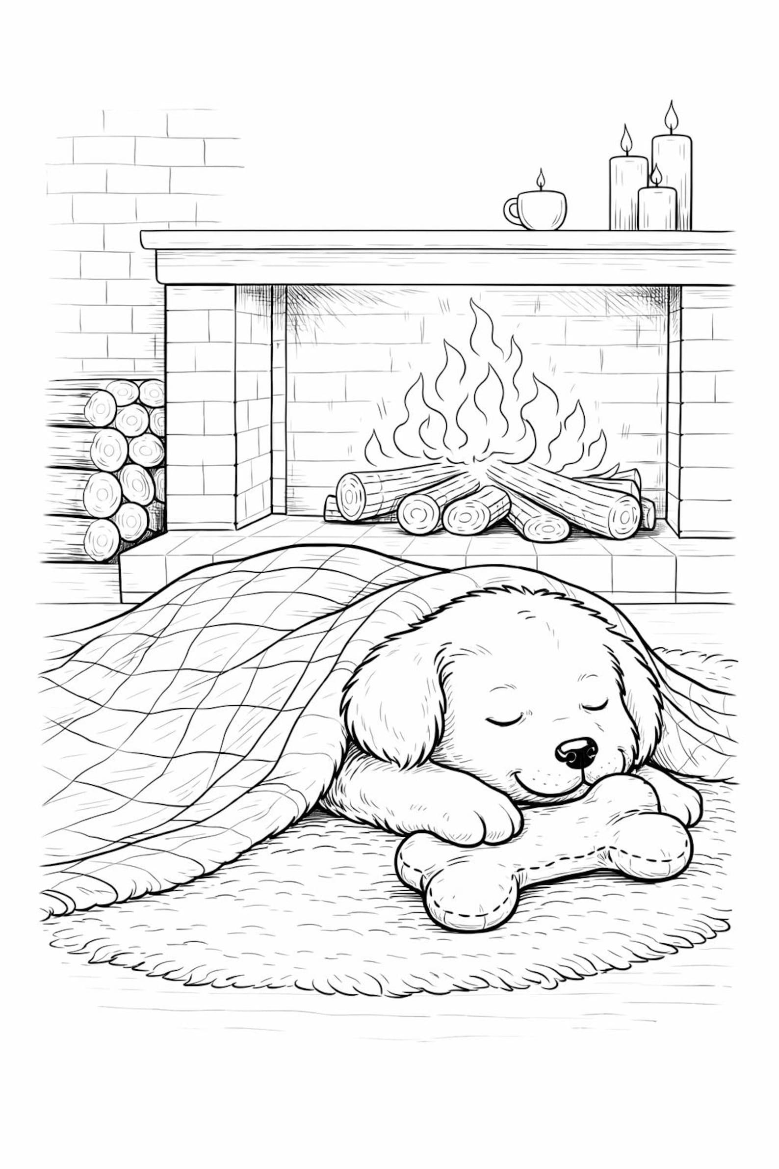 Cute and Cozy Winter Puppy Coloring Pages – Cute Dog Fireplace Scene ...