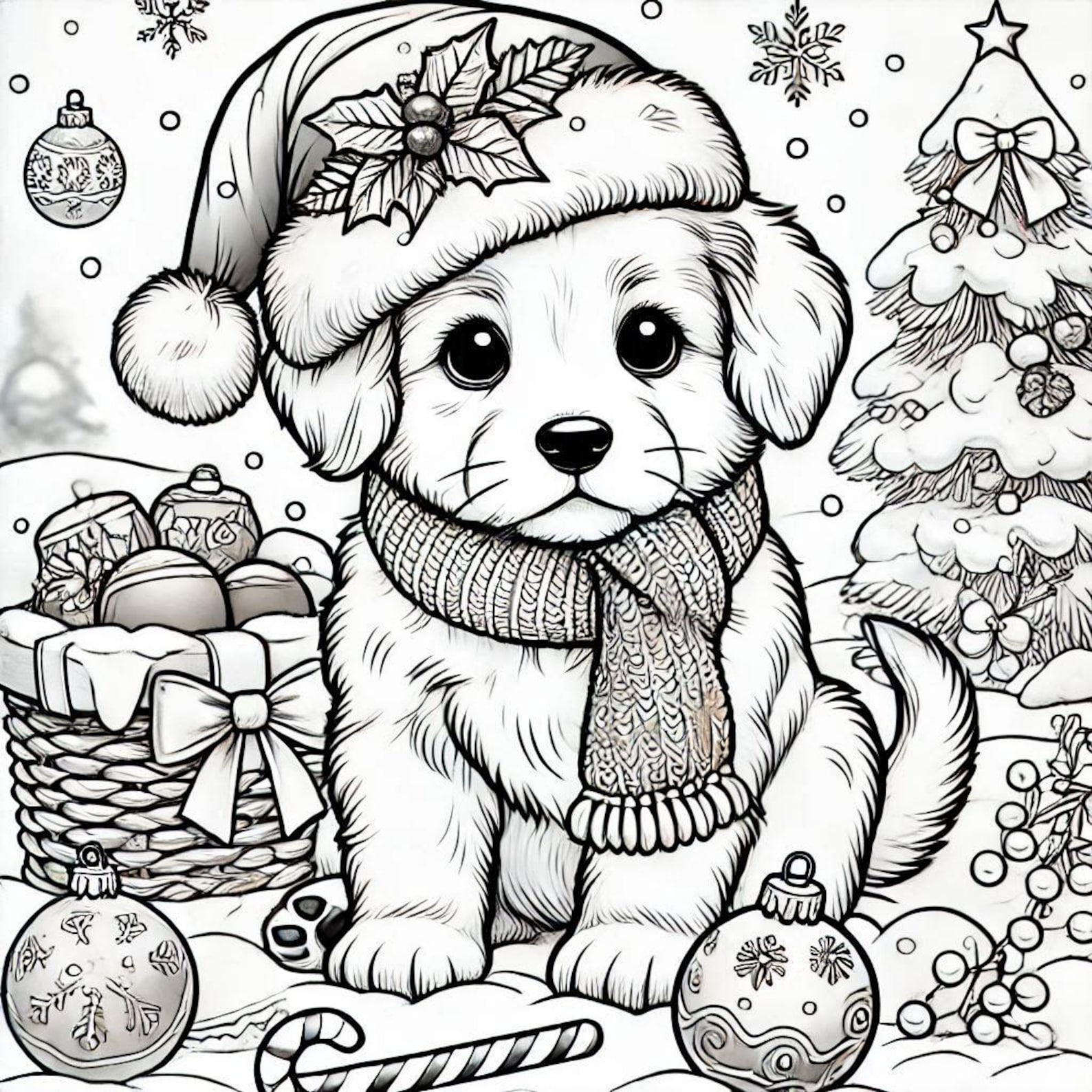 Festive Christmas Puppy Coloring Page - Santa Hat and Ornaments ...