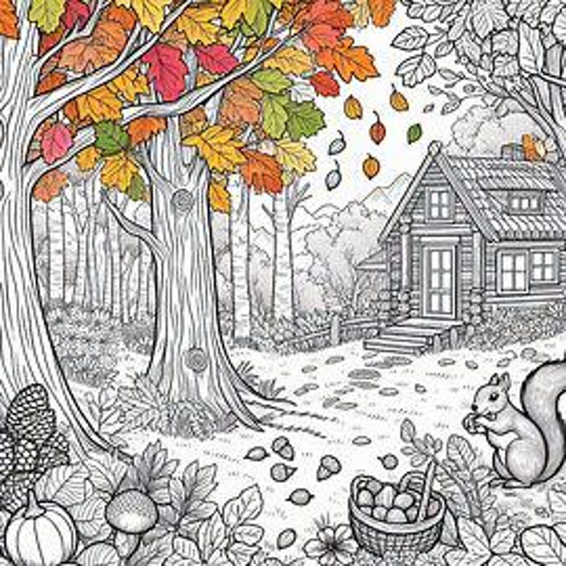 Stunning Fall Scene Coloring Page - Printable Autumn Landscape - Etsy