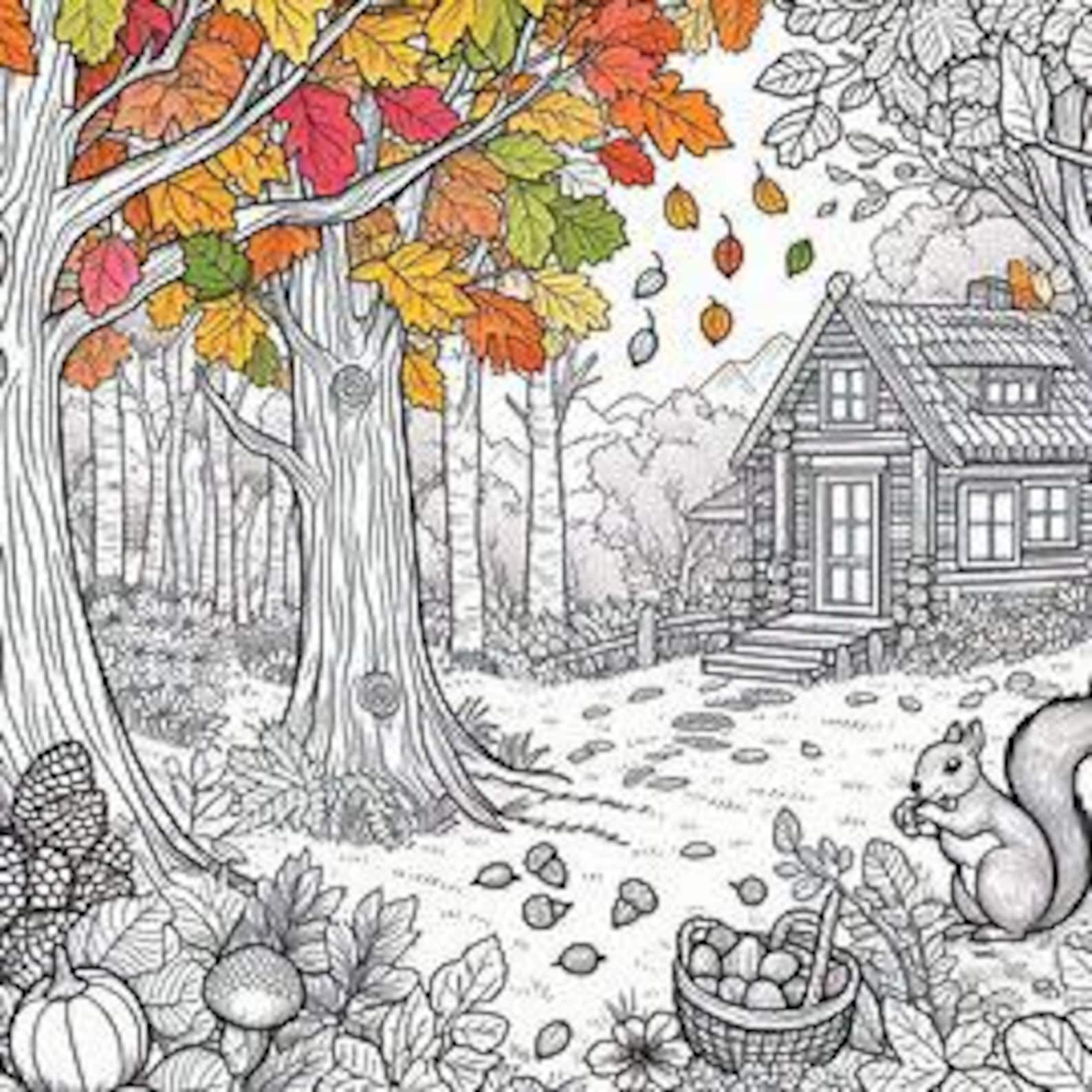 Stunning Fall Scene Coloring Page - Printable Autumn Landscape - Etsy