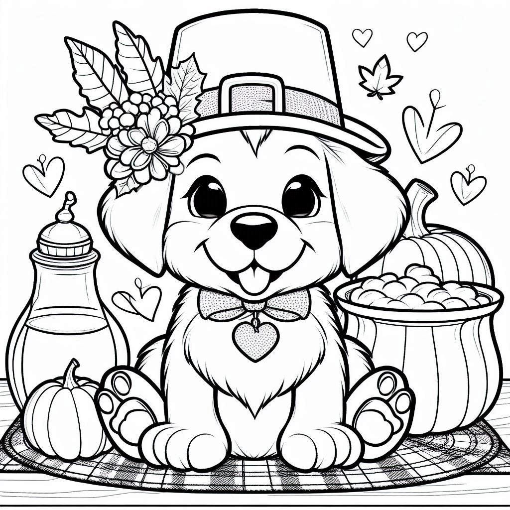 Adorable Thanksgiving Puppy Coloring Page - AI Generated Printable and ...