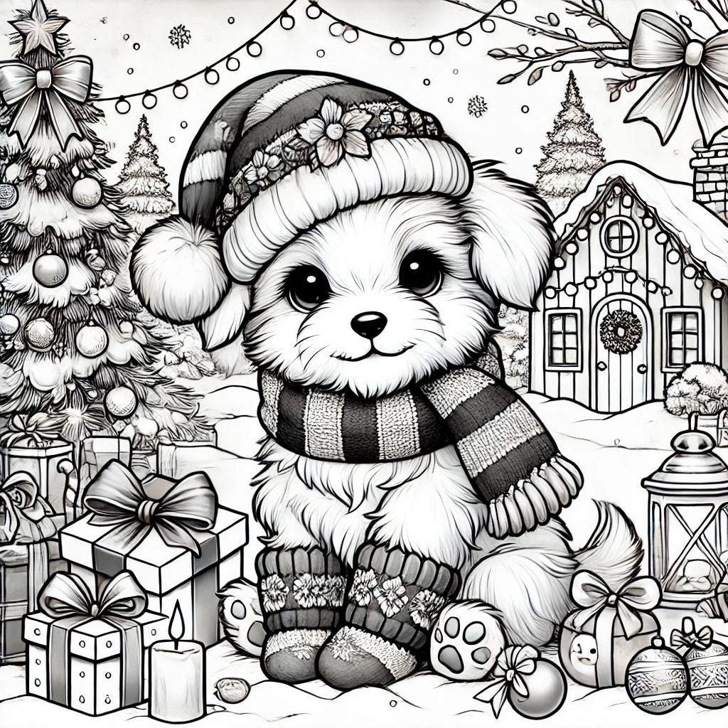 Festive Christmas Puppy Coloring Page - Santa Hat and Ornaments ...