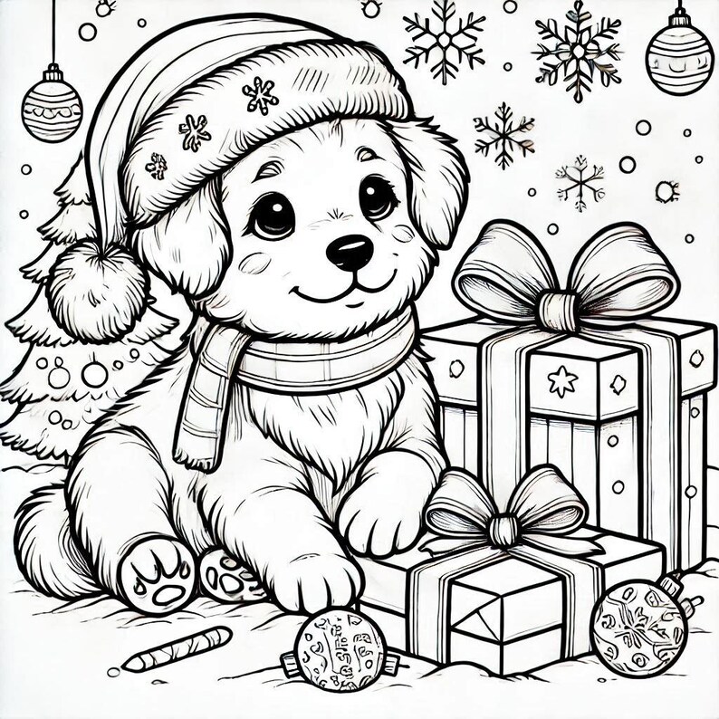 Adorable Christmas Puppy Coloring Page - Printable Winter Dog Art for ...