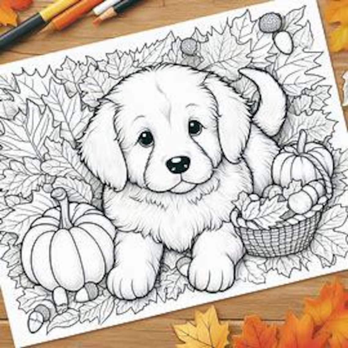 Adorable Puppy in Fall Coloring Page - Printable Autumn Dog Art for ...