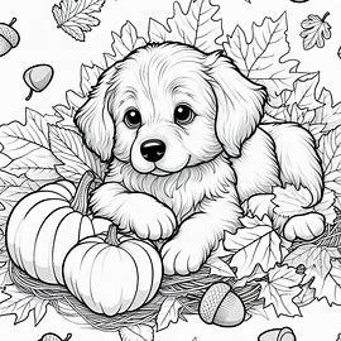 Adorable Puppy in Fall Coloring Page - Printable Autumn Dog Art for ...