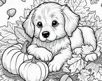 Adorable Puppy in Fall Coloring Page - Printable Autumn Dog Art for ...
