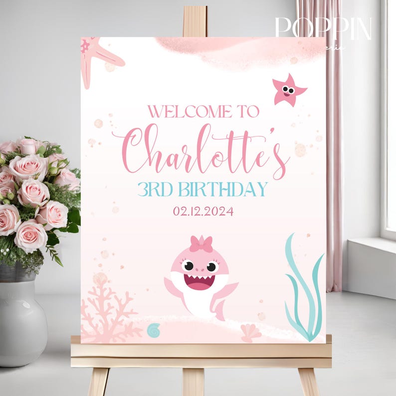 EDITABLE Birthday Welcome Sign 24x36 - Blush Pink Sister Shark Welcome ...