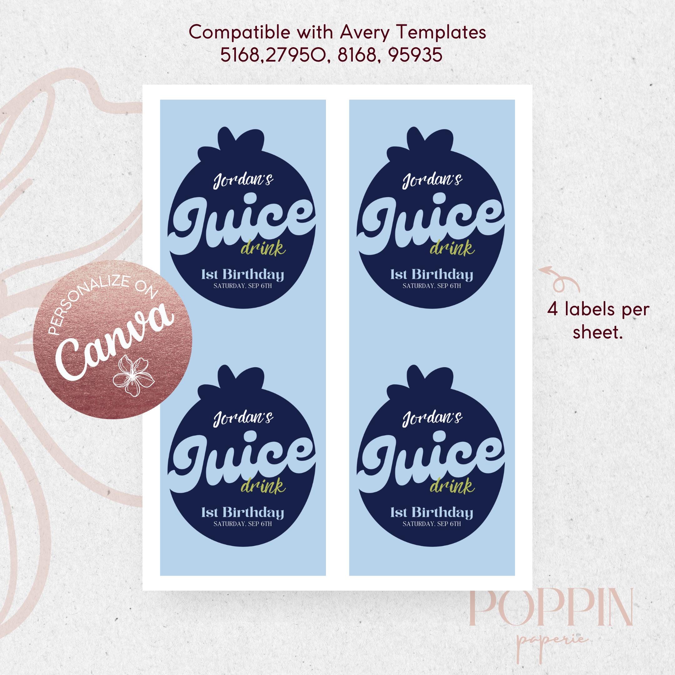 EDITABLE Juice Labels - Blueberry Birthday Label 3.5x5 - Berry Sweet ...