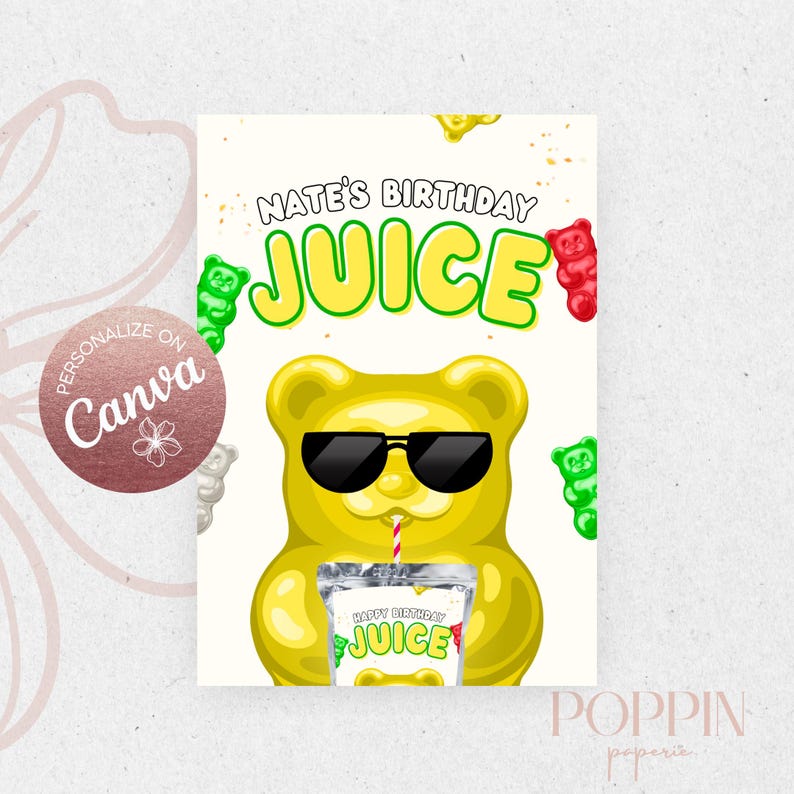 EDITABLE Juice Labels - Yummy Gummy Bear Birthday Label 3.5x5 - Gummy ...