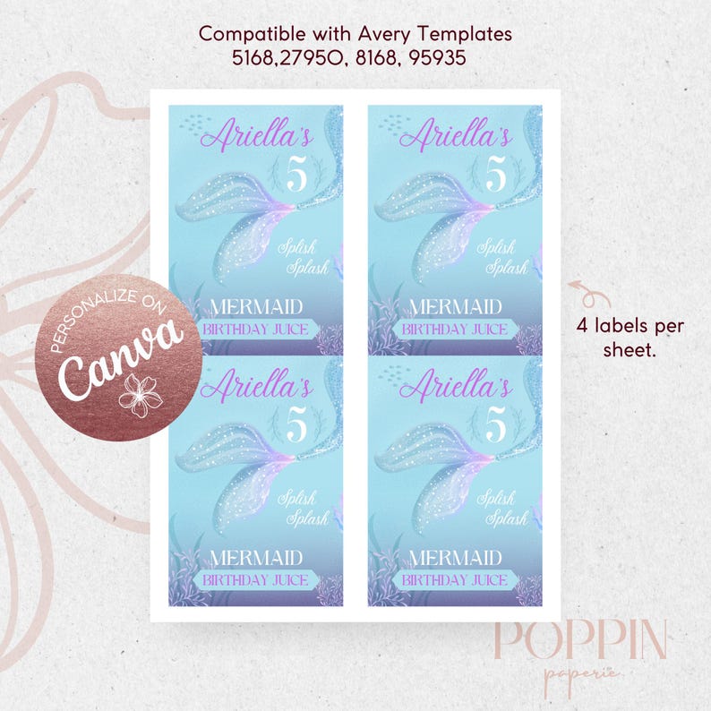 EDITABLE Juice Labels - Mermaid Tail Birthday 3.5x5 - Any Age Party ...