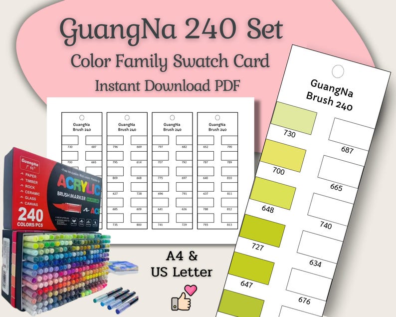 Guangna 240 Marker Color Family Swatch Card: Color Chart PDF (instant ...