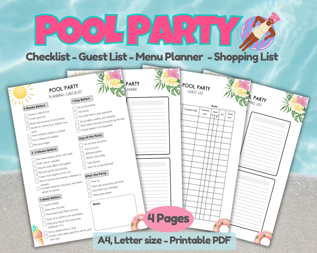 Pool Party Checklist & Planner Printable, Summer Party Checklist Bundle ...