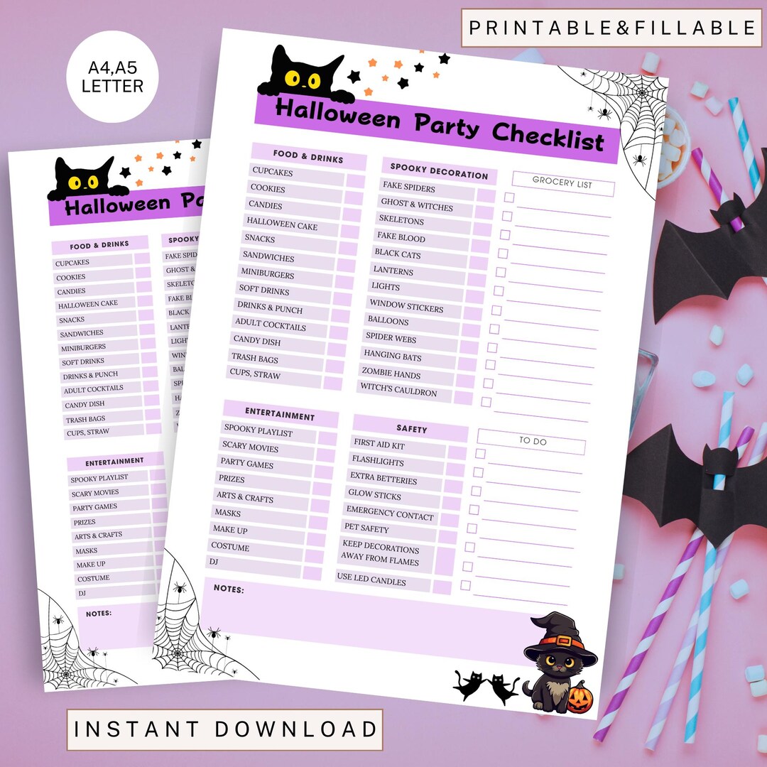 Printable Halloween Party Checklist, A4, A5, Letter Size, Party ...
