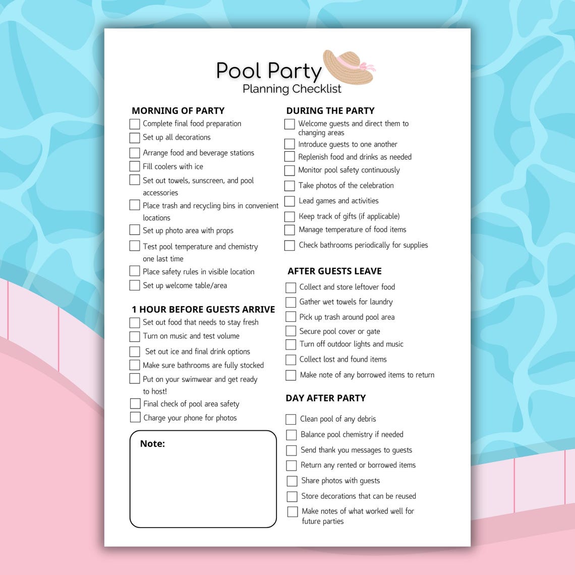 Pool Party Planning Checklist Printable PDF, Summer Party Planner ...