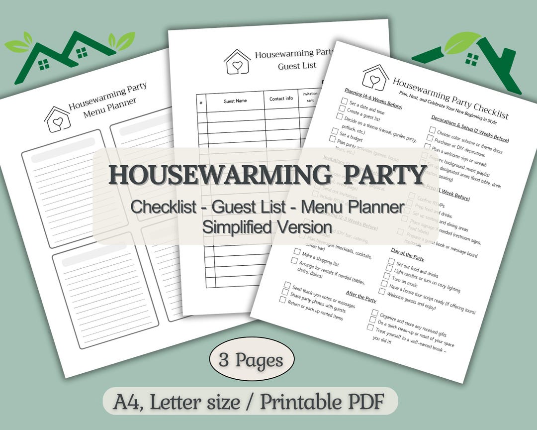 Housewarming Party Planner Bundle: Checklist, Guest List, Menu (PDF) - Etsy