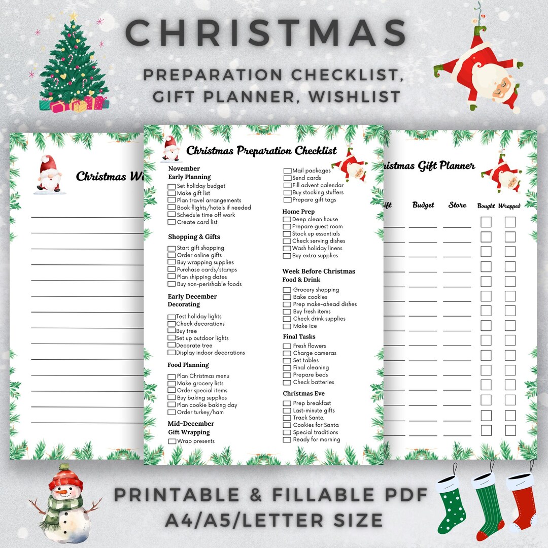 Christmas Preparation Checklist Printable, Wishlist, Gift Planner, Xmas ...
