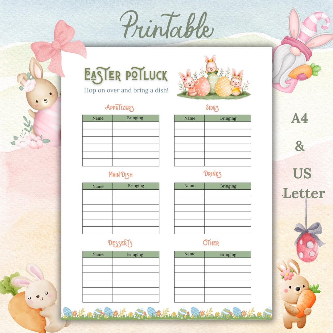 Easter Potluck Sign-up Sheet Printable, Easter Dinner Planner, Easter ...