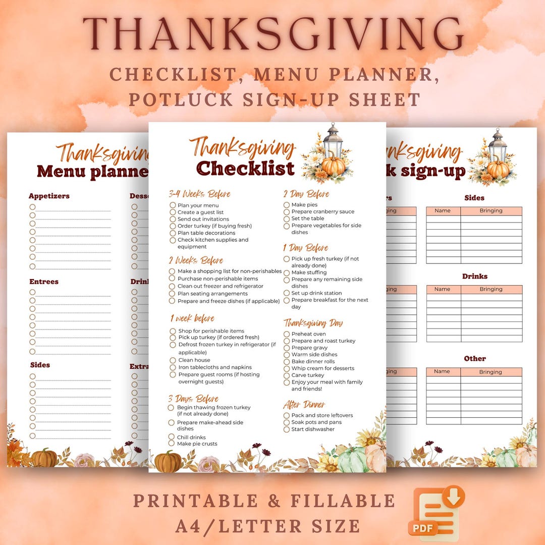 Thanksgiving Planner Bundle, Checklist, Menu, Potluck Sign-up ...