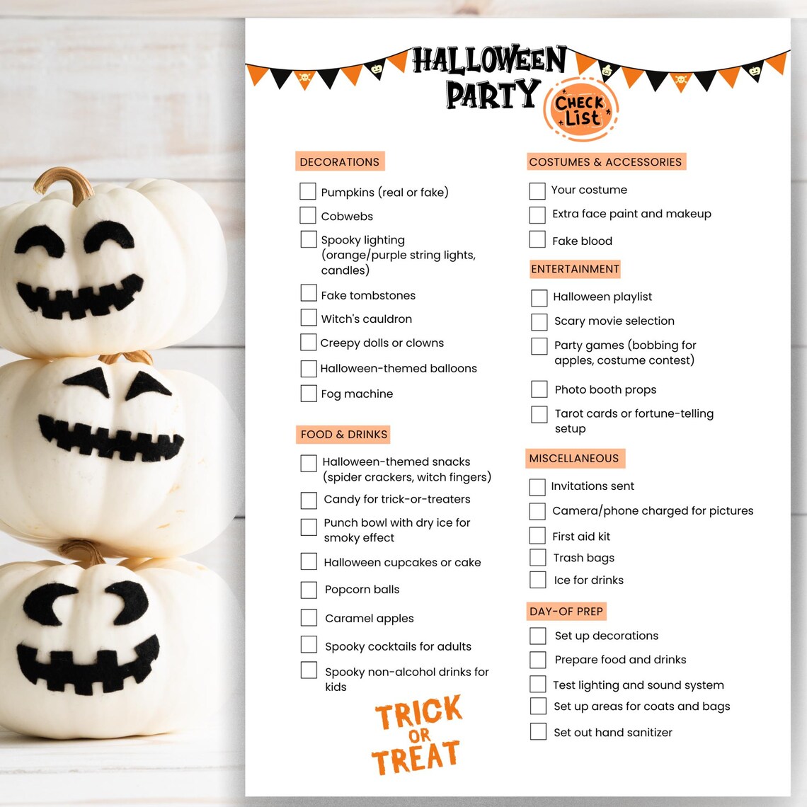 Printable Halloween Party Checklist, A4, A5, Letter Size, Party ...