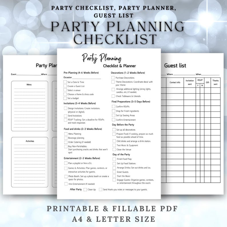 Party Planning Checklist: Fillable PDF, Guest List Tracker (A4 & US ...