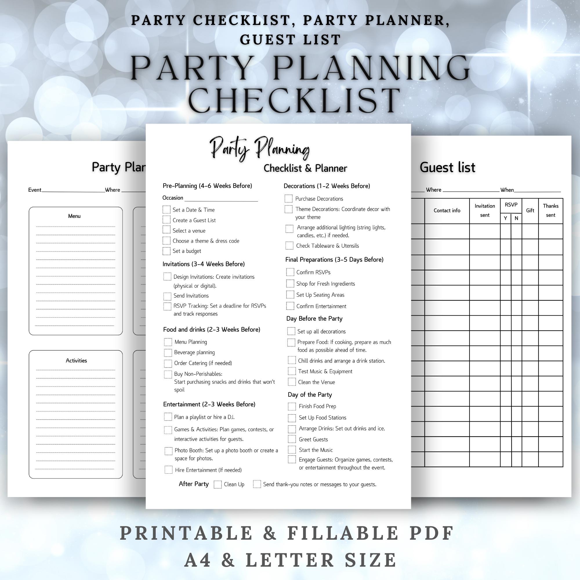 Party Planning Checklist: Fillable PDF, Guest List Tracker (A4 & US ...