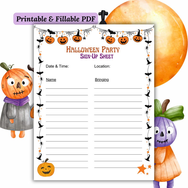 Halloween Party Sign-up Sheet | Printable & Fillable PDF | A4 and US ...