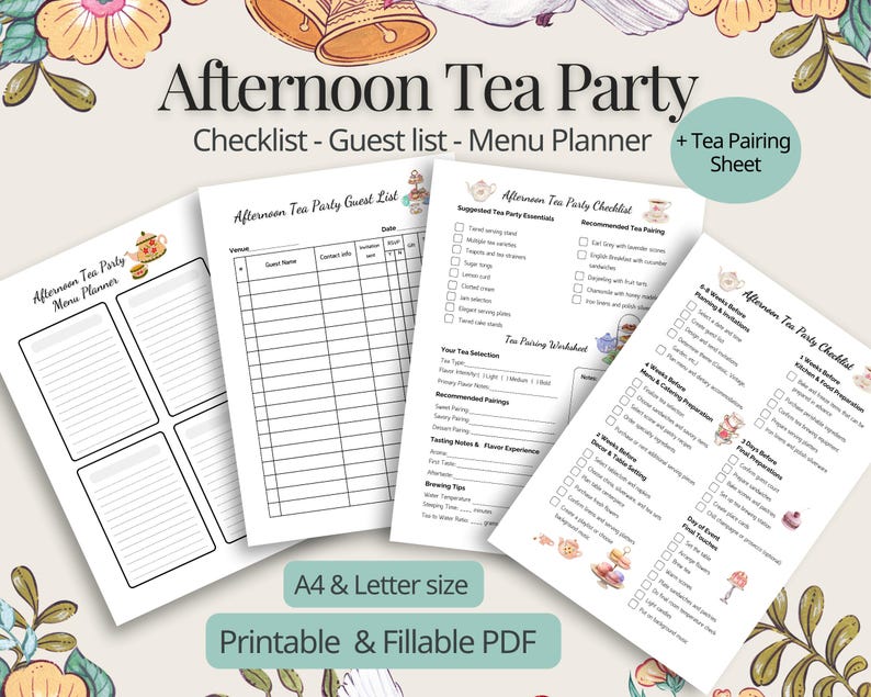 Tea Party Planning Bundle: Checklist, Guest List, Menu (digital ...