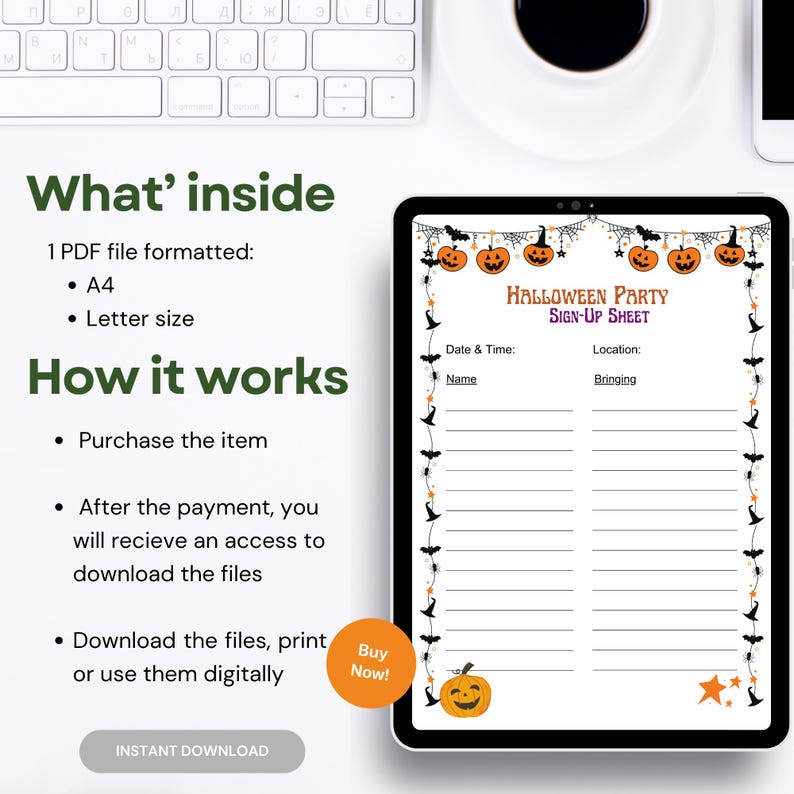 Halloween Party Sign-up Sheet | Printable & Fillable PDF | A4 and US ...