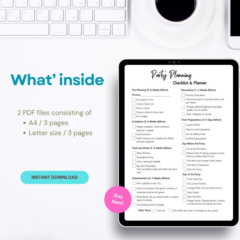 Party Planning Checklist: Fillable PDF, Guest List Tracker (A4 & US ...