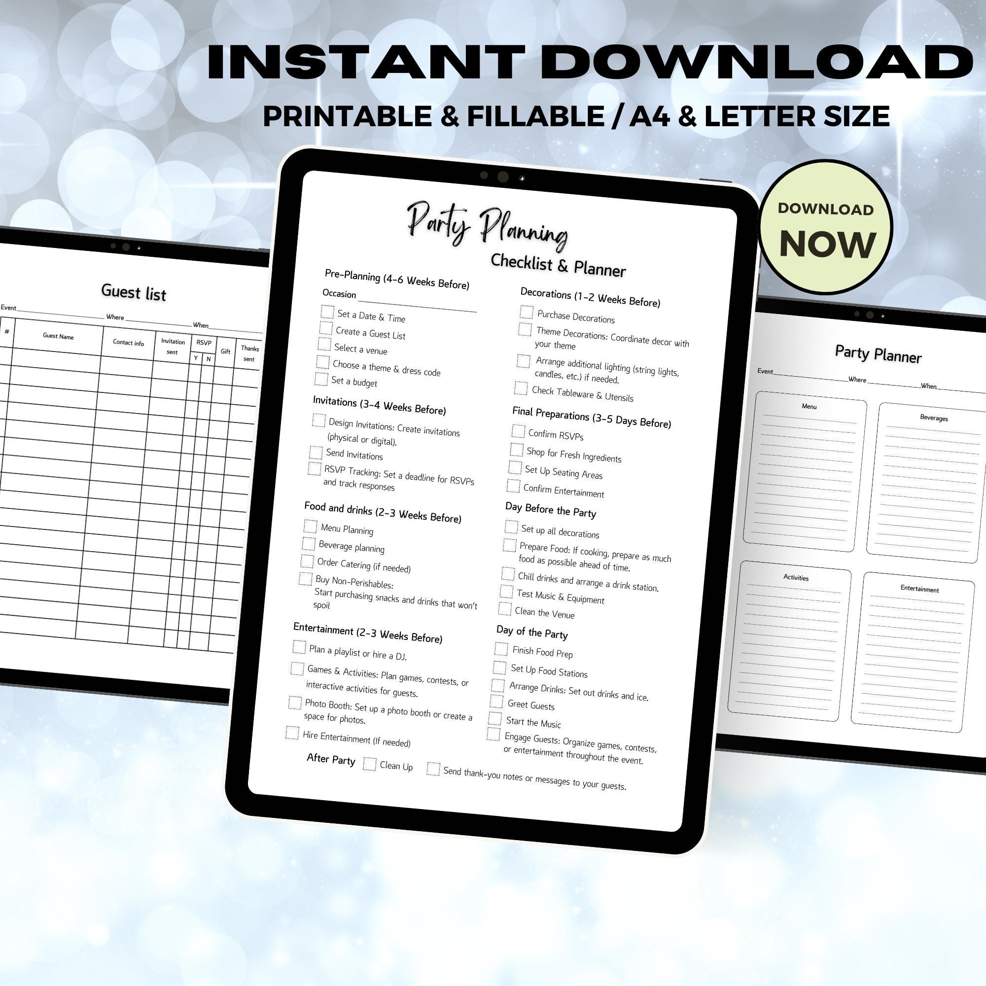 Party Planning Checklist: Fillable PDF, Guest List Tracker (A4 & US ...