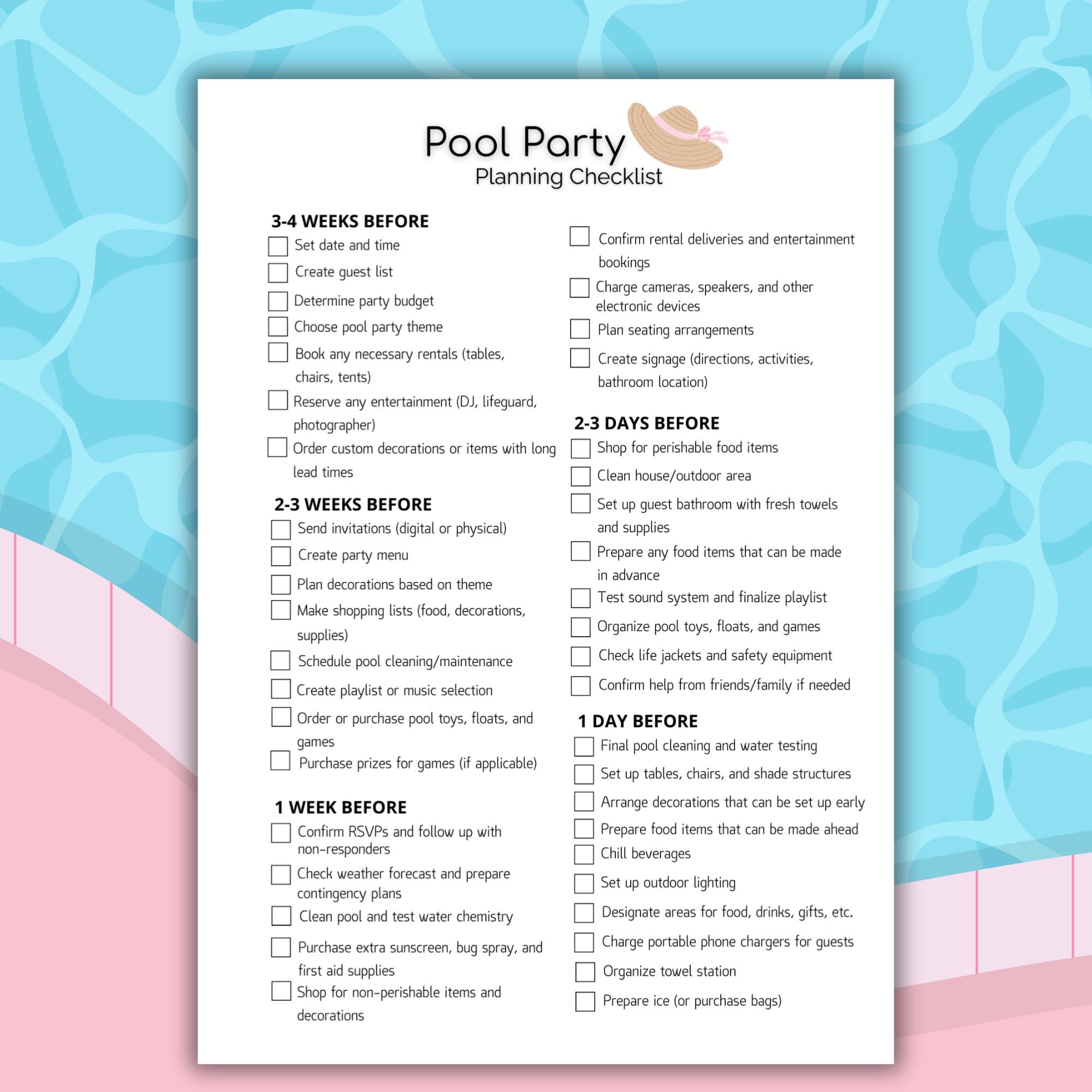 Pool Party Planning Checklist Printable PDF, Summer Party Planner ...