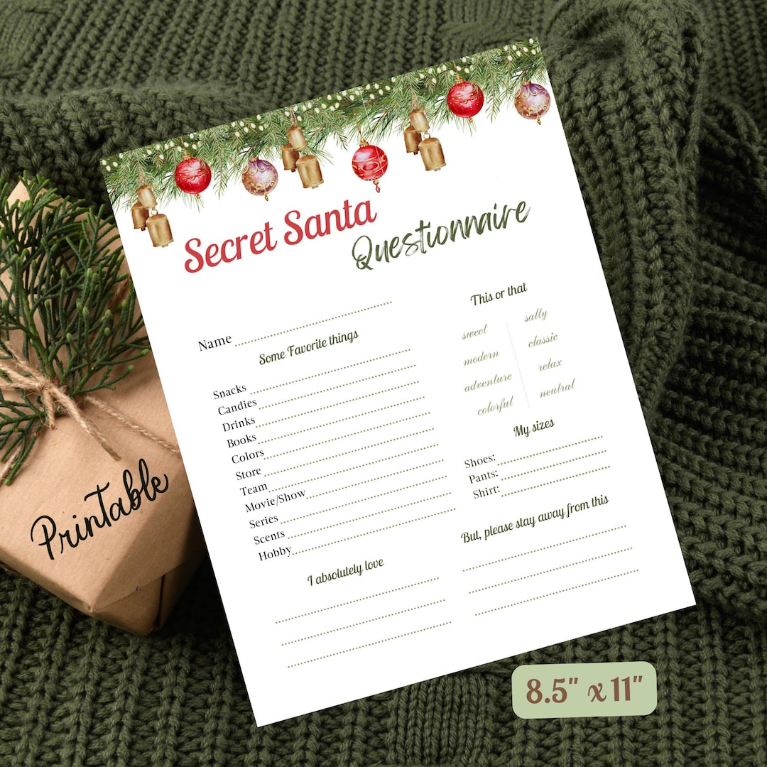 Secret Santa Questionnaire Printable for Coworkers, Teacher, Family ...