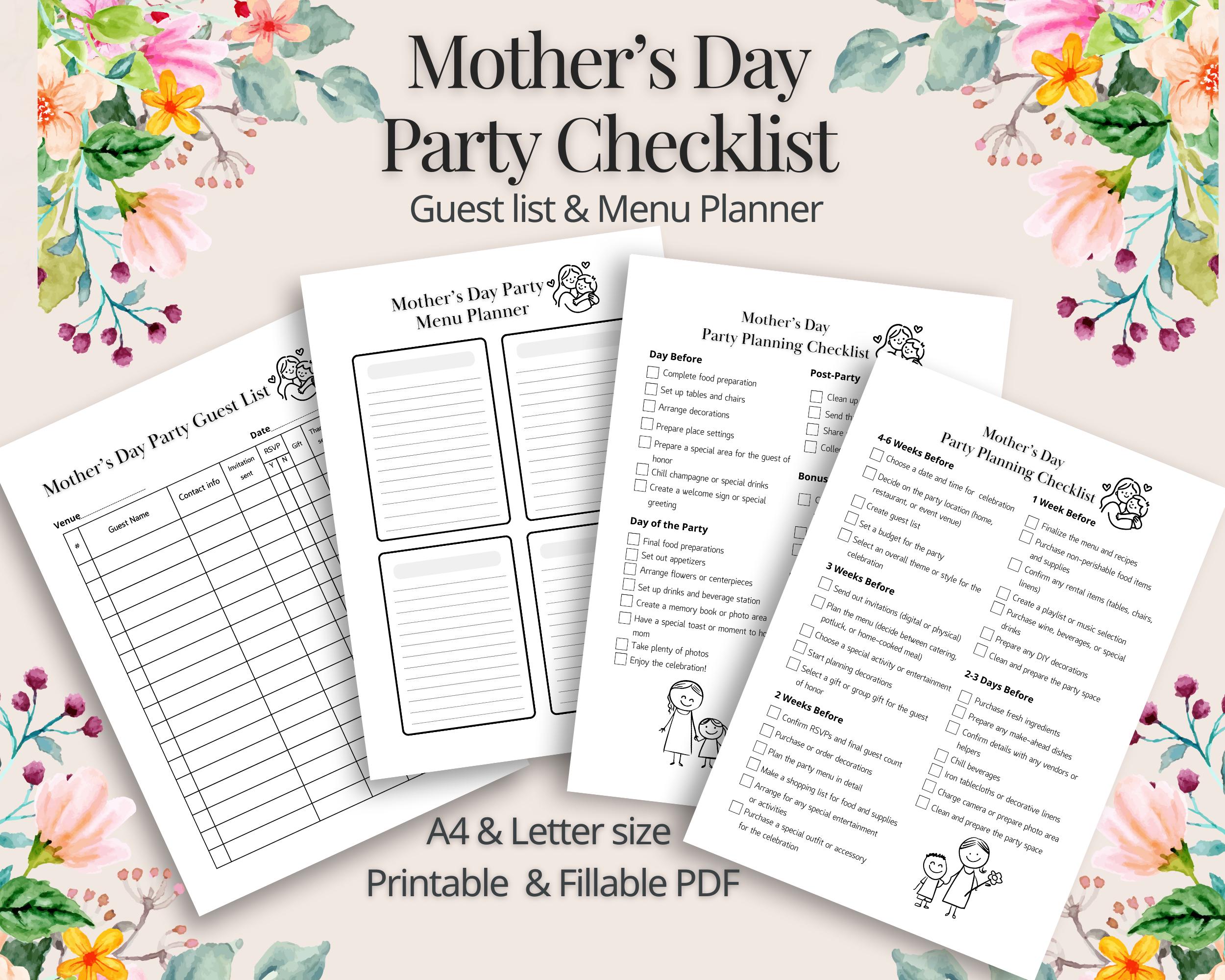 Printable Mother's Day Party Planning Checklist, Planner, Guest List ...
